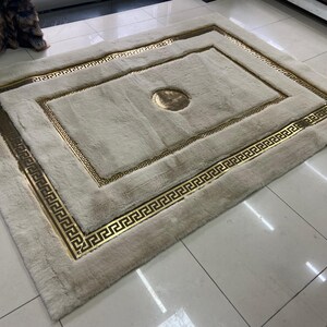 Taupe Fur Carpet, Beige With Gold Fur Rug, Shaggy and Leather Carpet ...
