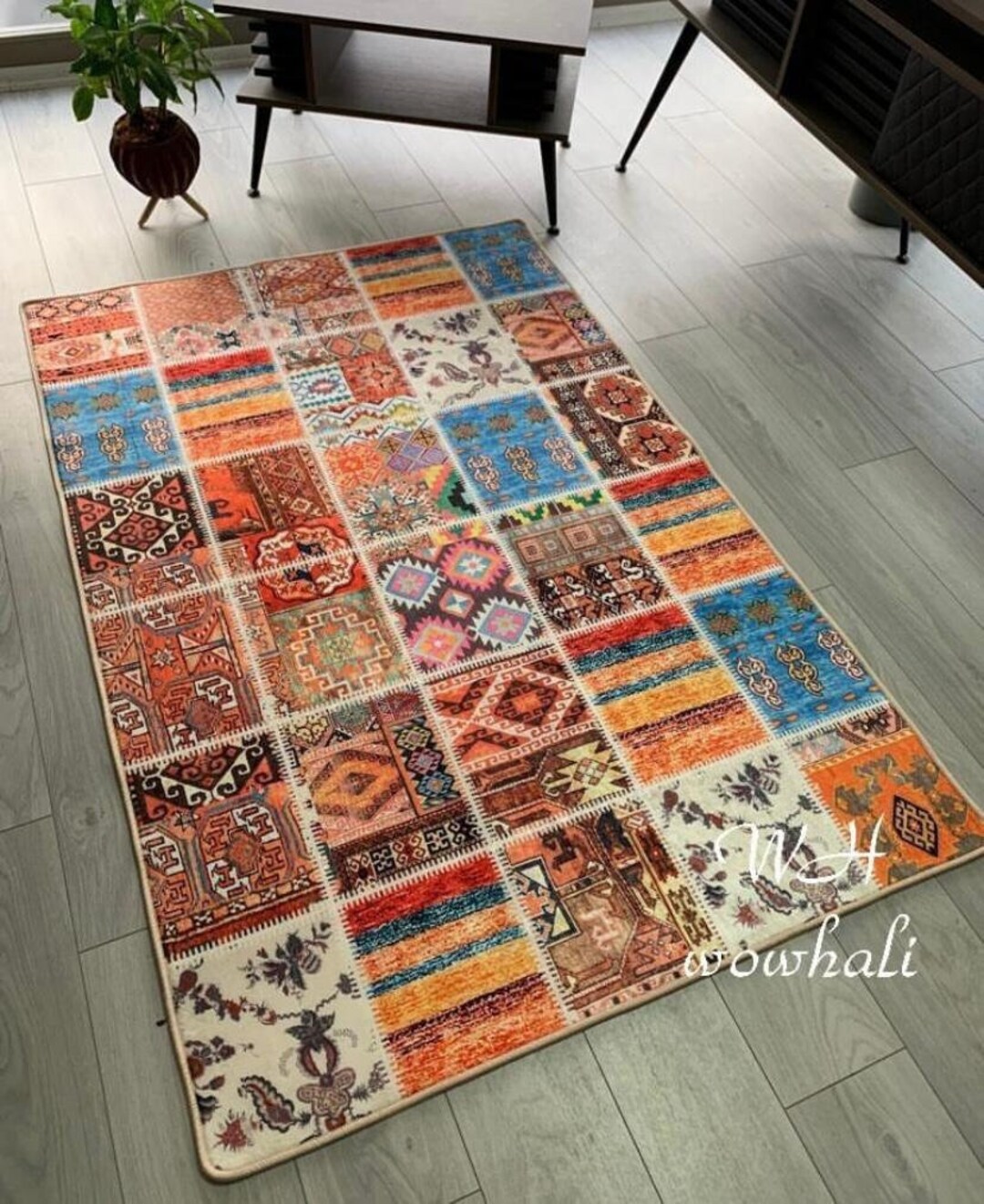 Orange Patchwork Rug, Orange Blue Beige Rug, Rugs for Living Room and ...