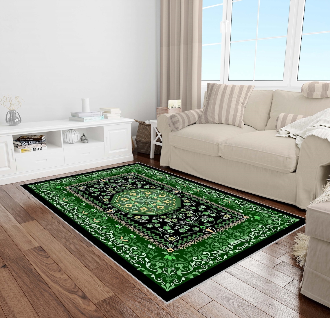 Emerald Green Rug Black Rug Floral Pattern Rug Washable - Etsy