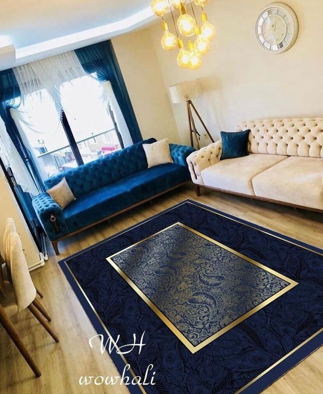 Golden Striped Navy Rug, Navy Luxury Rug, for Living Room and Bedroom ...