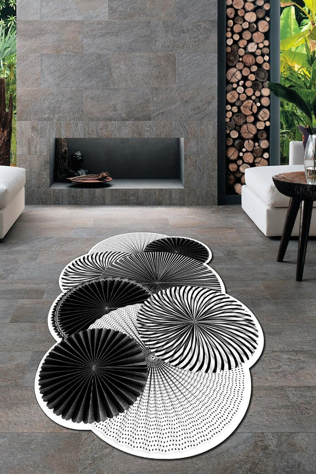 Round Cut Black Rug, White Black Round Rug, Rugs for Living Room and ...