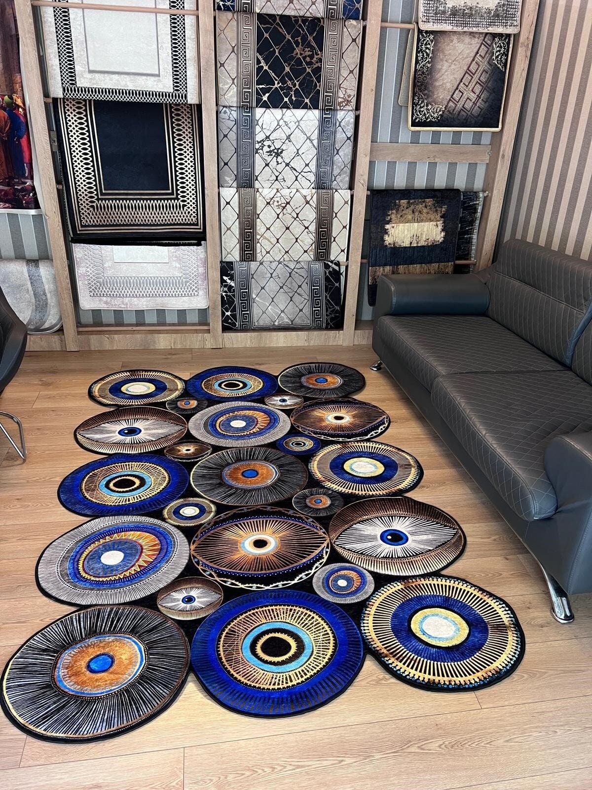 Blue Evil Eye Rug, Hallway Entrance Rug, Custom Cut Nonslip Leather Rug ...