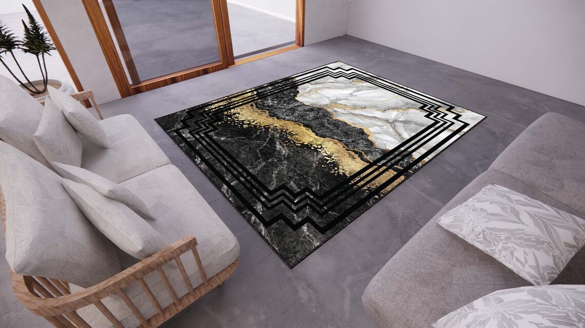Black Marble Rug Golden Pattern Black Marble Rug Rugs for - Etsy