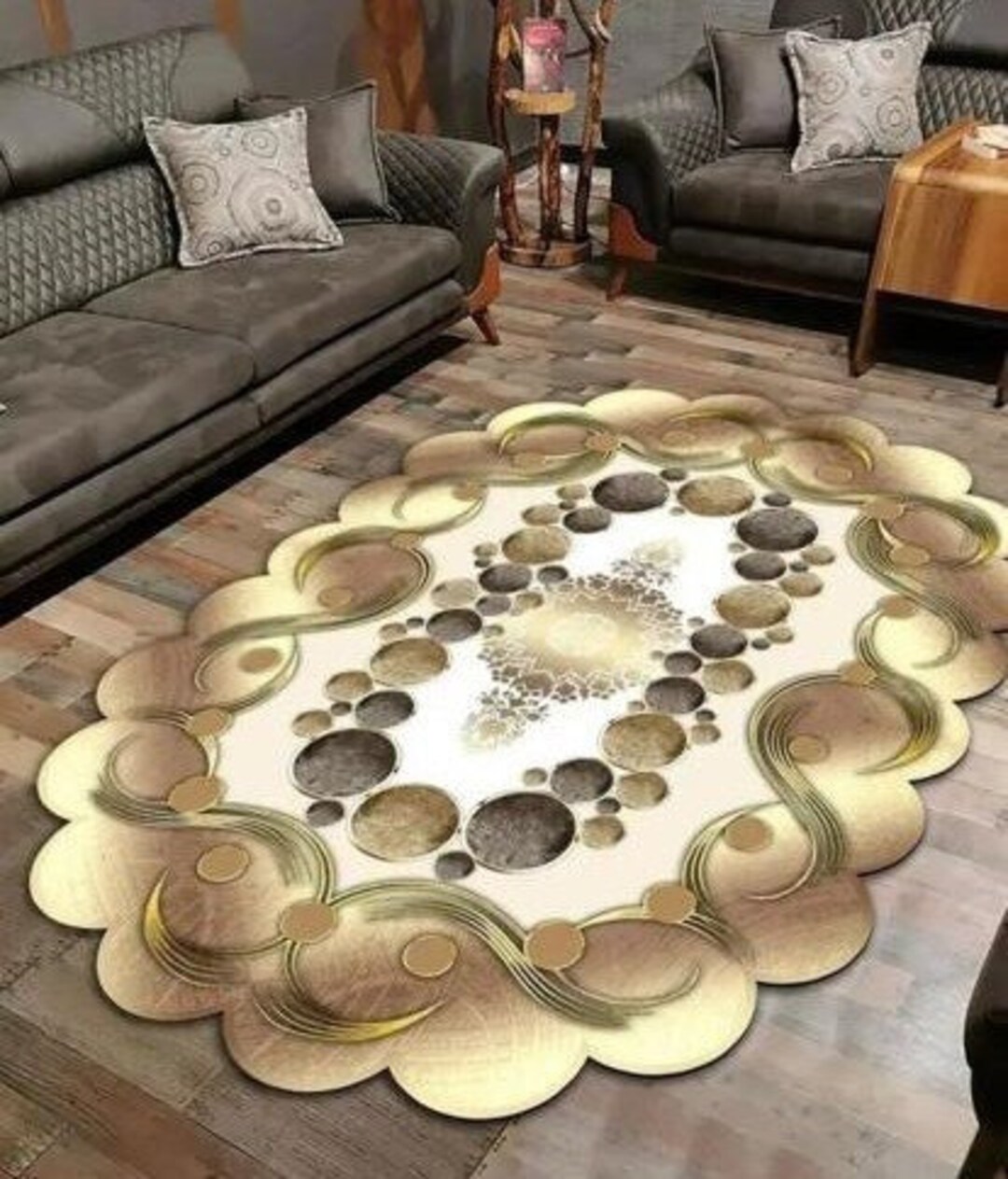 Golden Pattern Beige Rug, Gold Luxury Rug, for Living Room and Bedroom ...