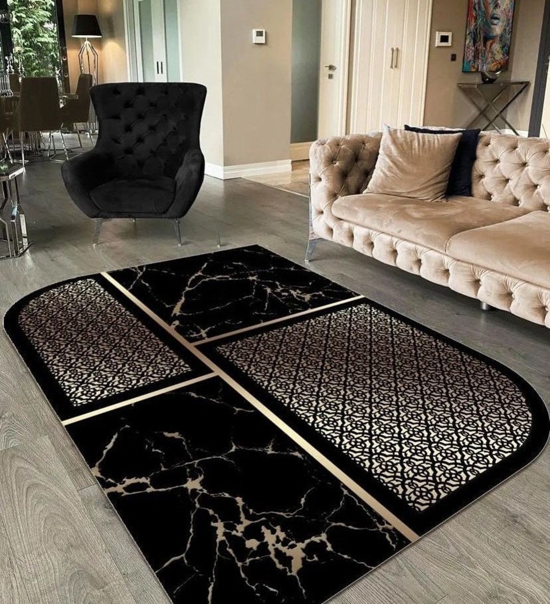 Golden Striped Black Rug, Black Gold Rug, Washable Area Rugs, Rugs for ...