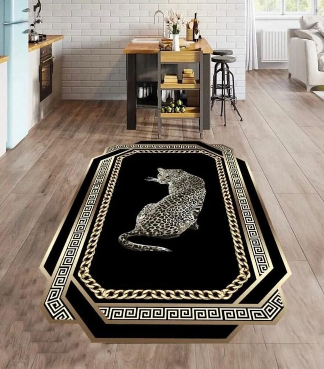 Golden Pattern Black Luxury Rug, Leopard Pattern Rug, Black and Gold ...