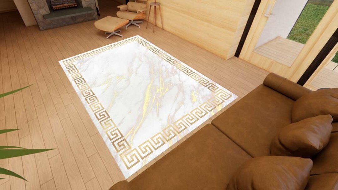 Golden Striped White Marble Rug, Washable Area Rugs, Rugs for Living ...