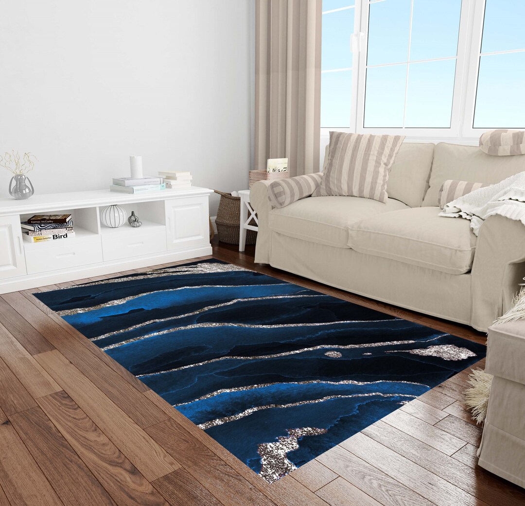 Dark Blue Marble Rug, Silver and Blue Rug, Rugs for Living Room, Rugs ...