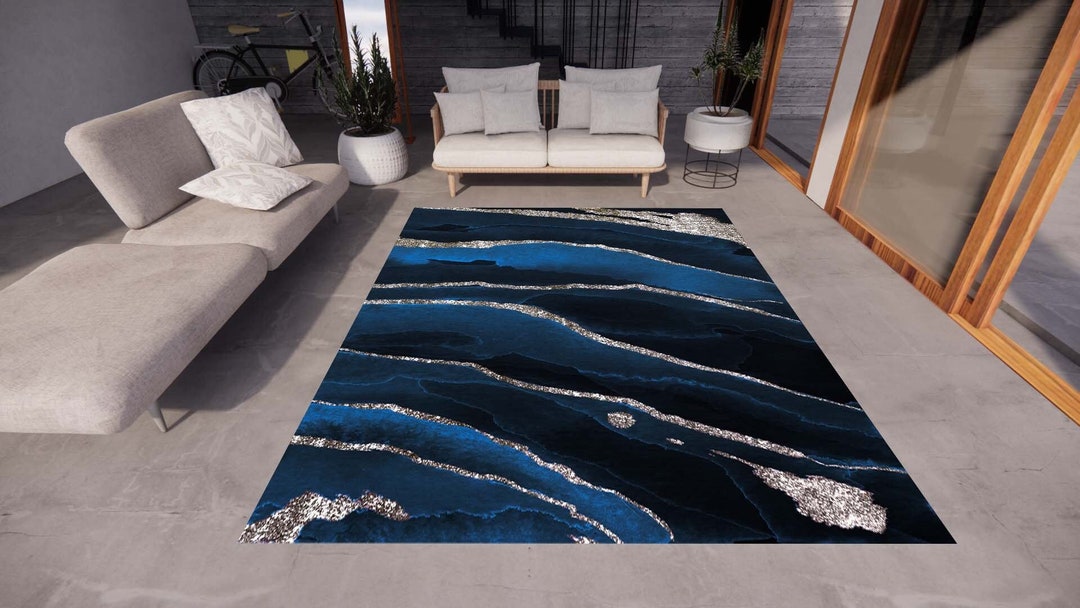 Dark Blue Marble Rug, Rugs for Living Room, Rugs for Bedroom, Washable ...