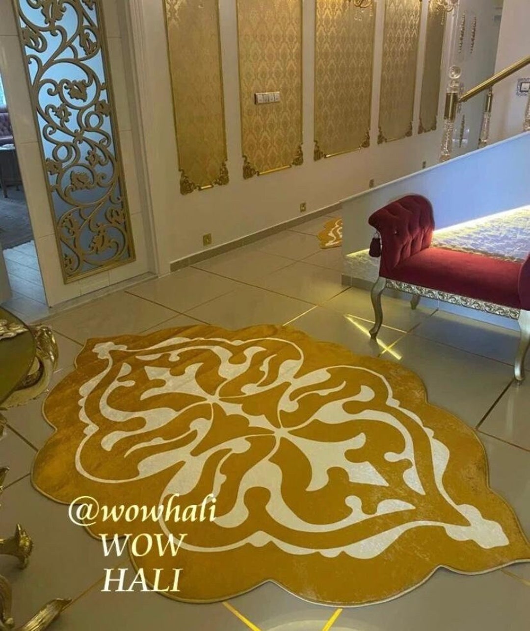 Gold With White Luxury Rug, Asymmetric Cut Rug, Rugs for Living Room ...