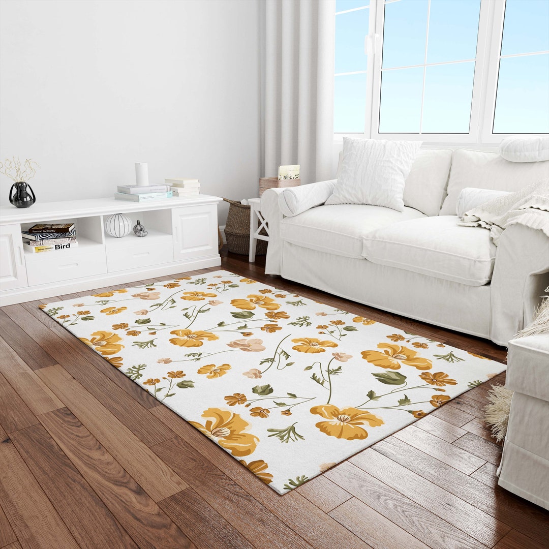 Yellow Flowers White Rug, Rugs for Living Room, Floral Rug ...