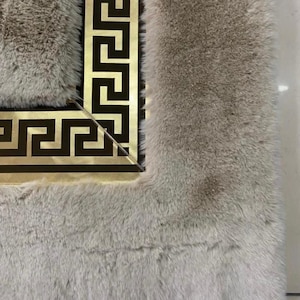 Taupe Fur Carpet, Beige With Gold Fur Rug, Shaggy and Leather Carpet ...