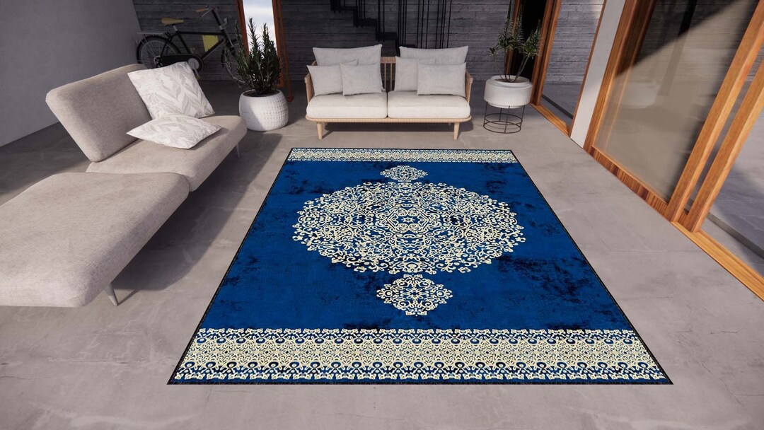 Navy Blue Rug, Silver Color Pattern Rug, Washable Area Rugs, Rugs for ...