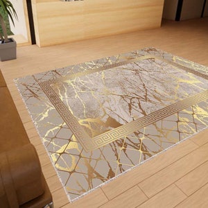 Golden Marble Beige Rug, Beige Gold Rug, Washable Area Rugs, Rugs for ...