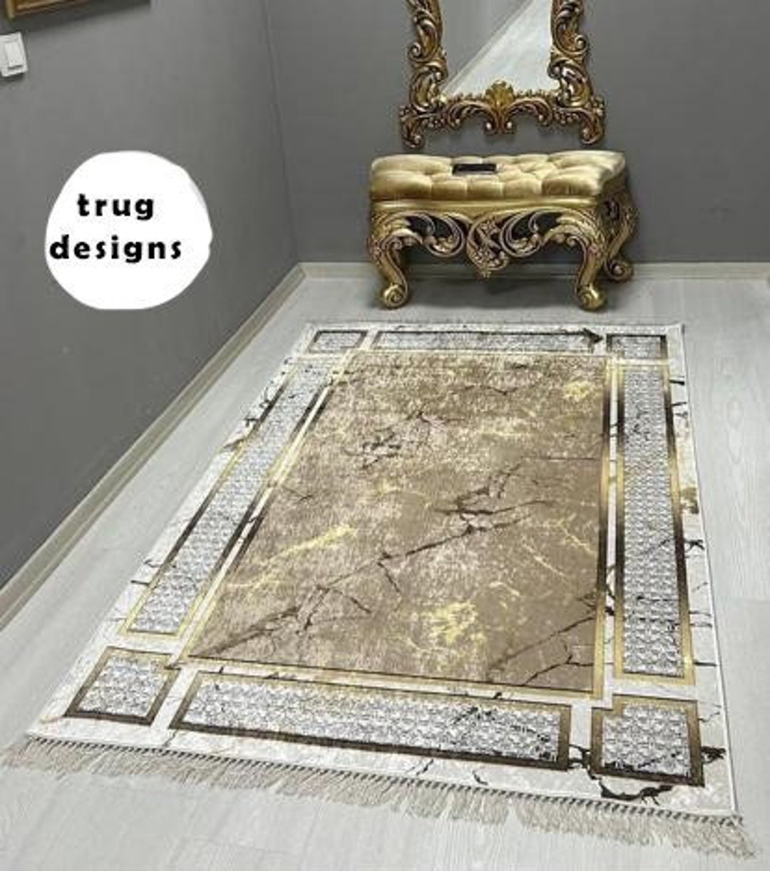 Golden Striped Beige Rug, Golden Luxury Rug, for Living Room and ...