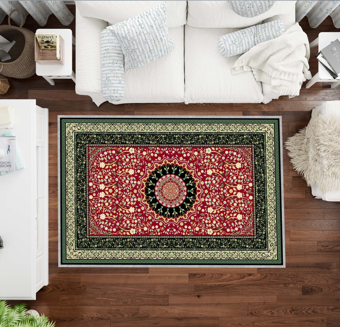 Digital Print Rug, Green Red Rug, Washable Area Rugs, Rugs for Living ...