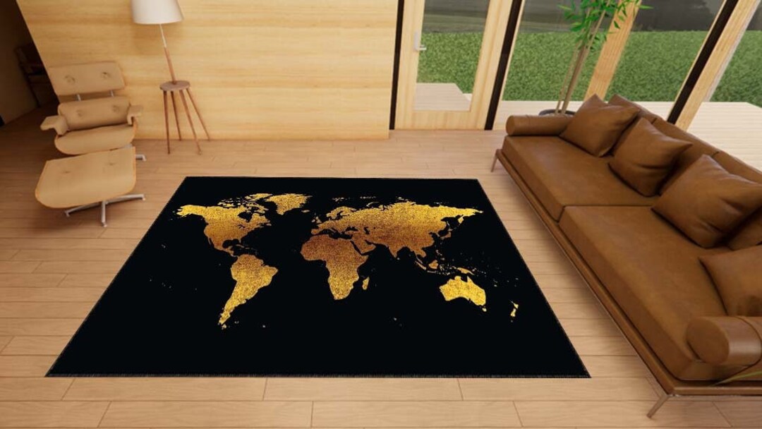 Golden World Map Rug, Golden Black Rug, Rugs for Living Room and ...