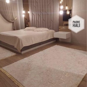 Gold Fur Carpet, Beige With Gold Feather Rug, Leather Sole Rug, Faux ...