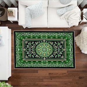 Emerald Green Rug, Black Rug, Floral Pattern Rug, Washable Area Rugs ...