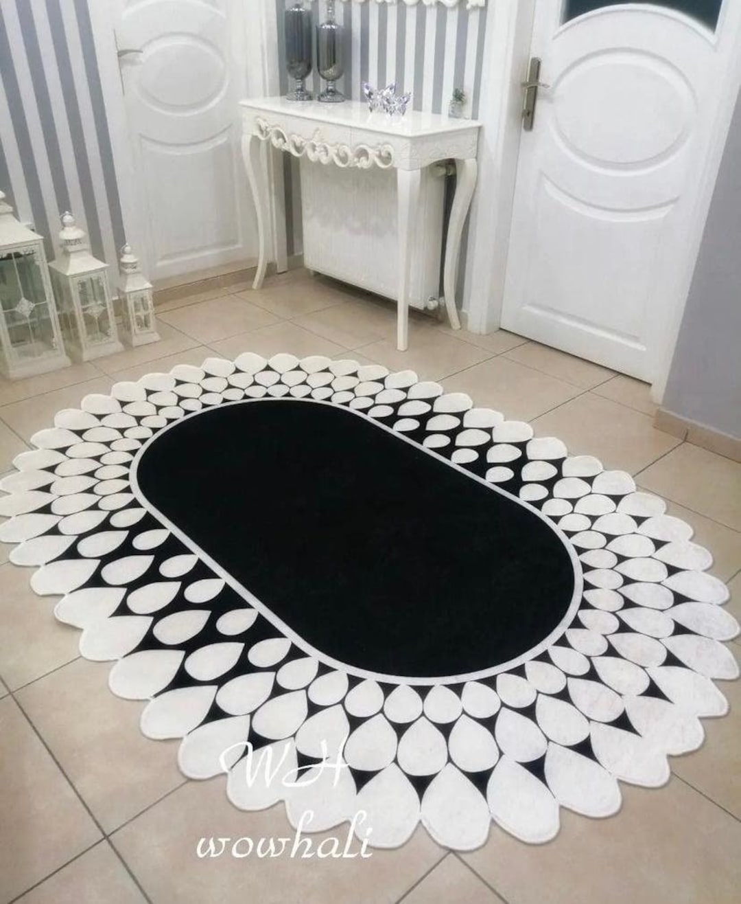White With Black Luxury Rug, Asymmetric Cut Rug, Rugs for Living Room ...