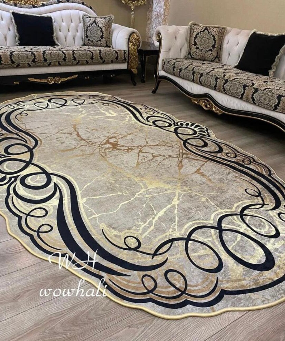 Gold Striped Beige Asymmetric Cut Rug, Black With Beige Rug, Rugs for ...