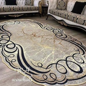 Gold Striped Beige Asymmetric Cut Rug, Black With Beige Rug, Rugs for ...