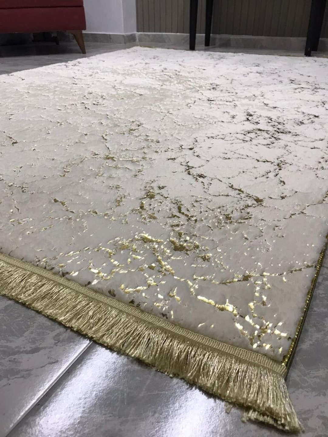 Gold Fur Carpet, Beige With Gold Feather Rug, Leather Sole Rug, Faux ...