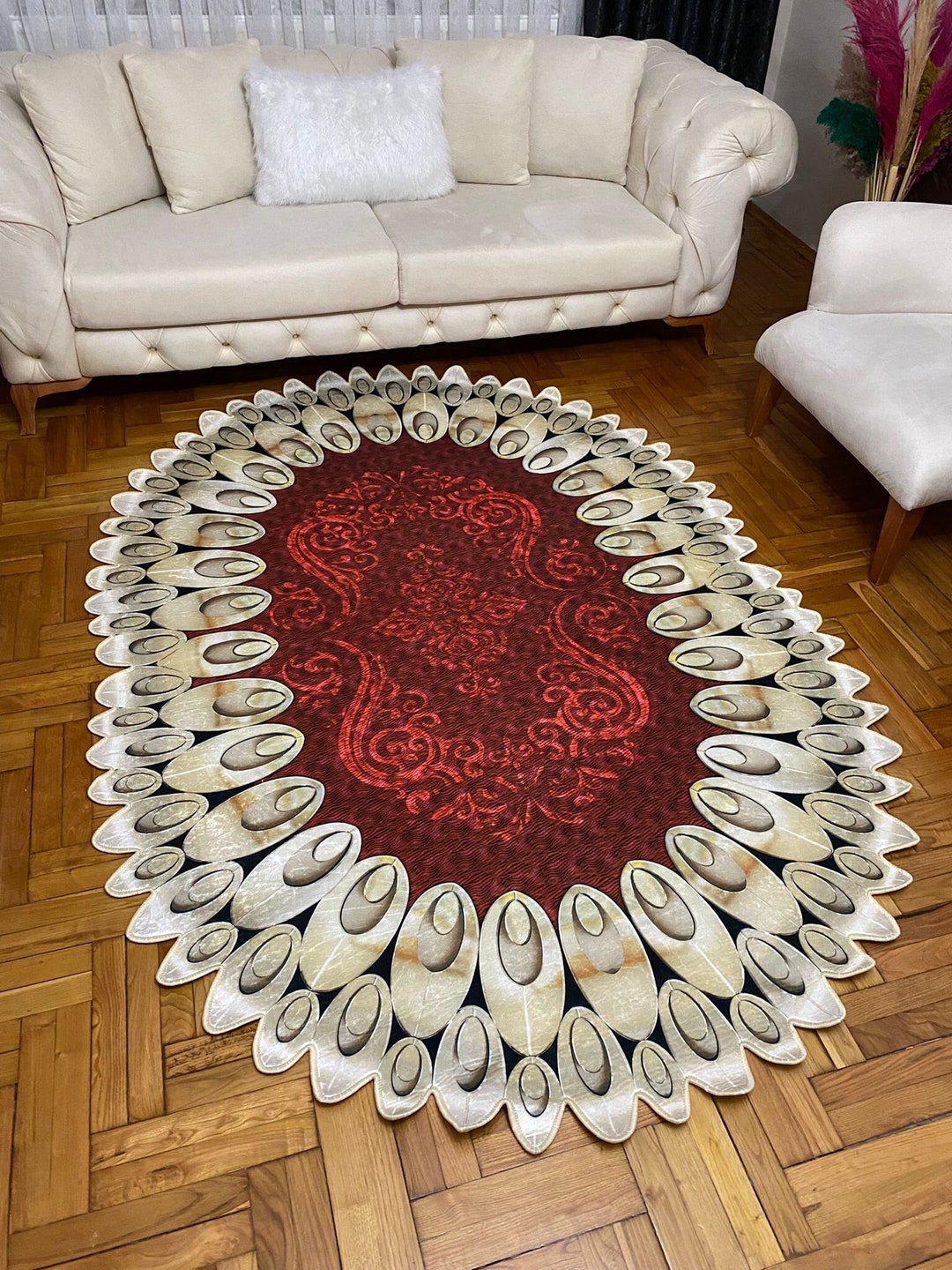 Red With Gold Luxury Rug, Asymmetric Cut Rug, Rugs for Living Room and ...