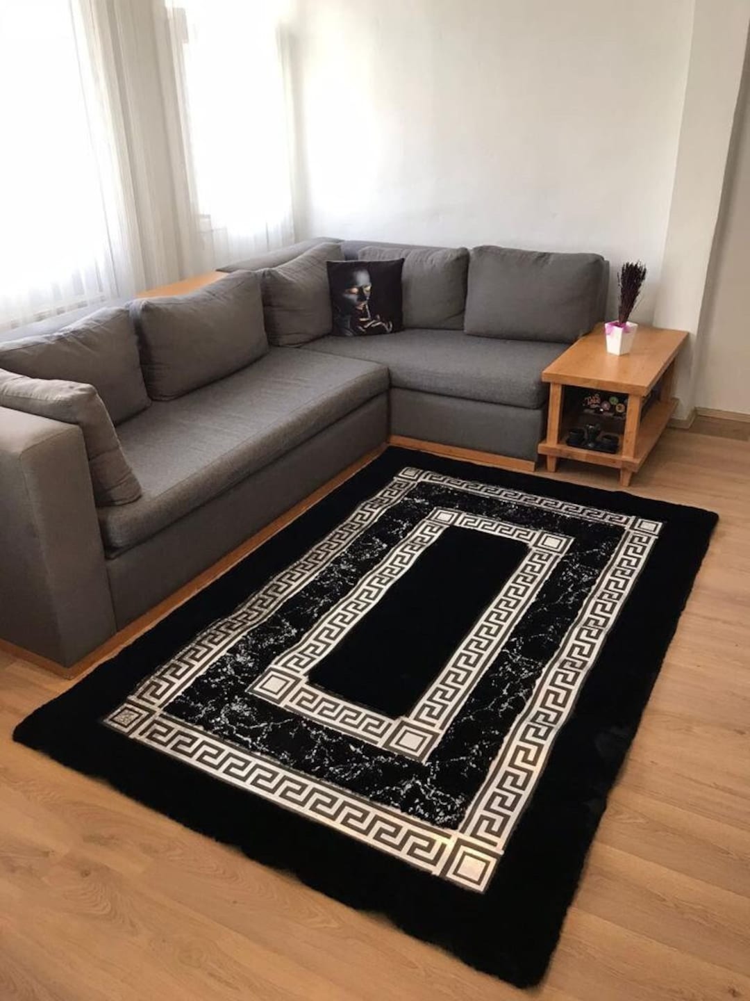 Black Fur Carpet, Shaggy and Leather Carpet, Black With Silver Rug, Non ...