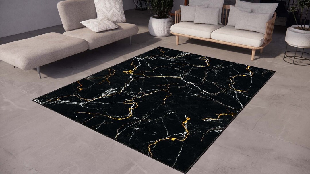Black Marble Rug, Golden and Silwer Striped Rug, Rugs for Living Room ...