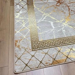 Golden Marble Beige Rug, Beige Gold Rug, Washable Area Rugs, Rugs for ...