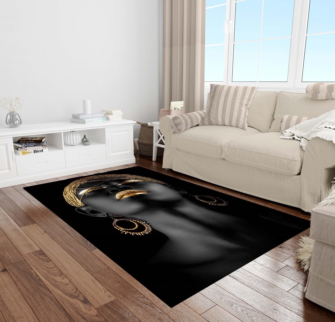 Black Woman Rug, Gold With Black Rug, Washable Area Rugs, Rugs for ...