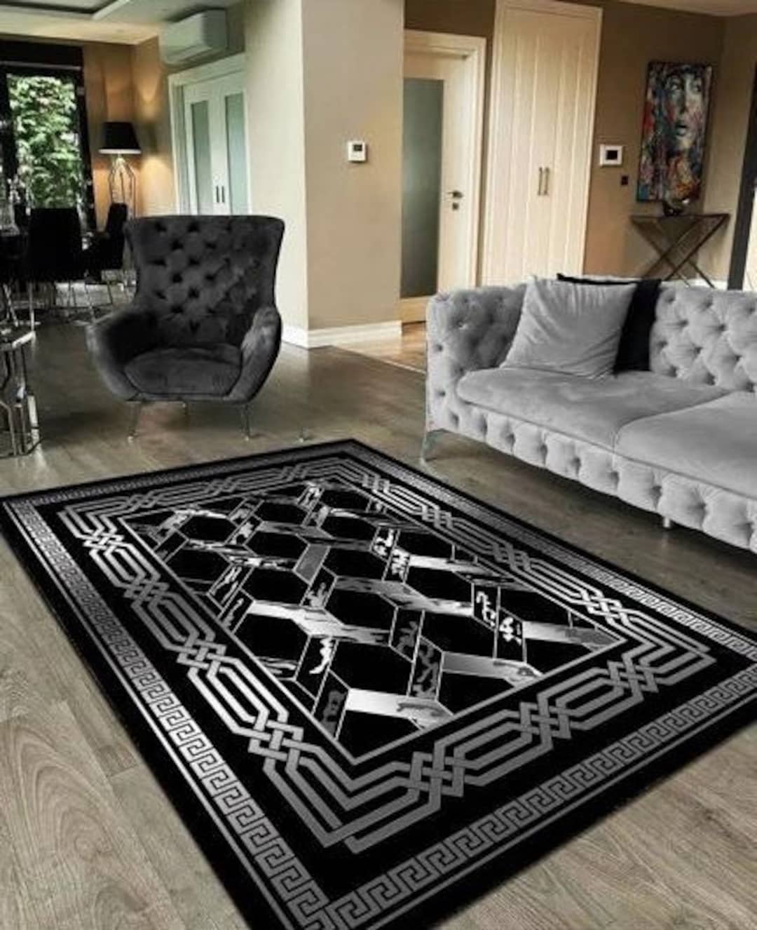 Silver Striped Black Rug, Silver Luxury Rug, for Living Room and ...