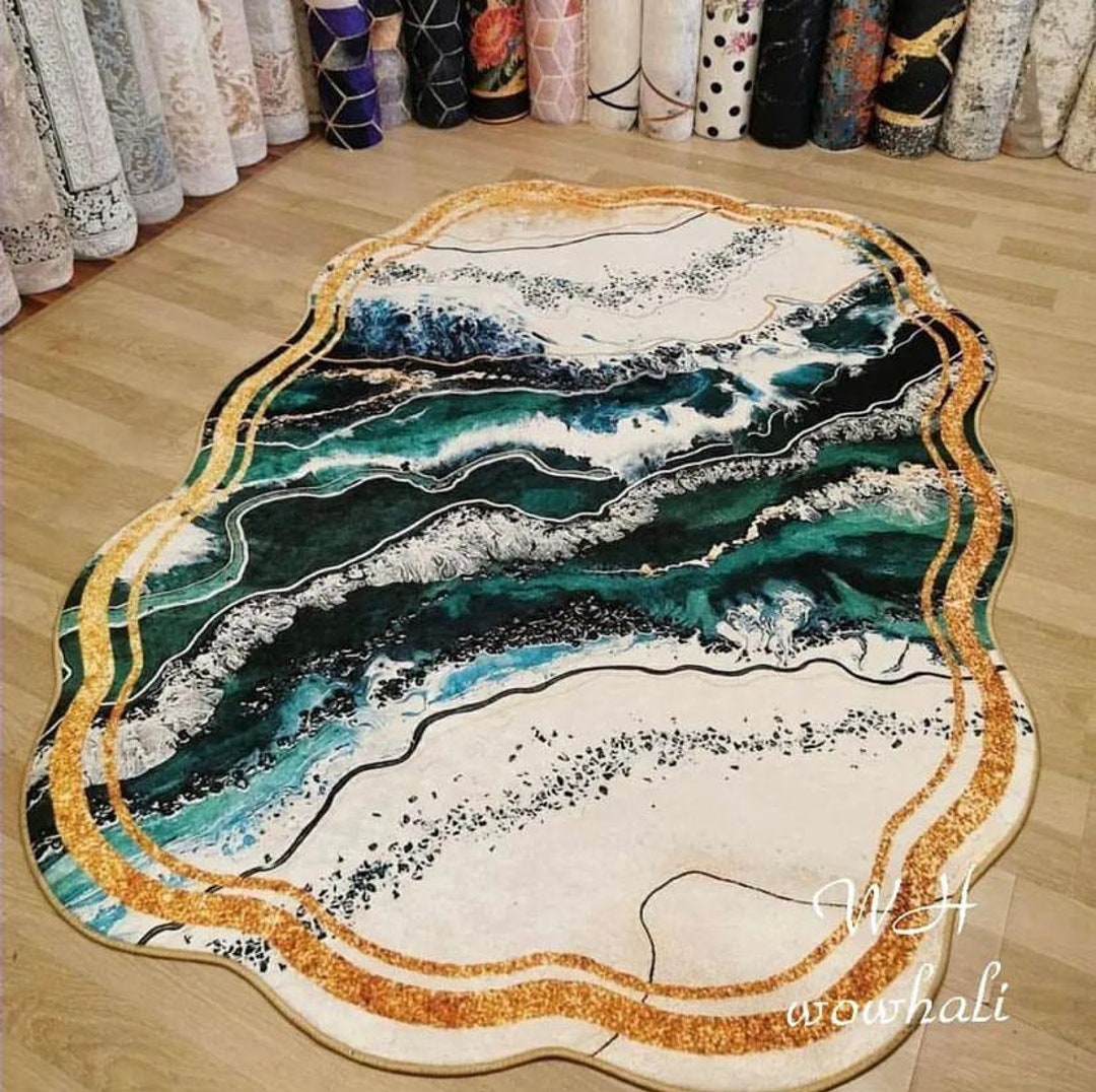 Emerald Green Marble Gold Rug Asymmetric Cut Rug Rugs for - Etsy