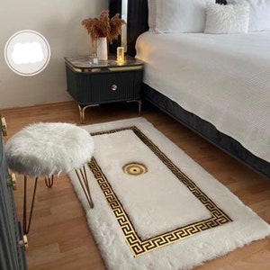 White Fur Carpet, White With Golden Fur Rug, Shaggy and Leather Carpet ...