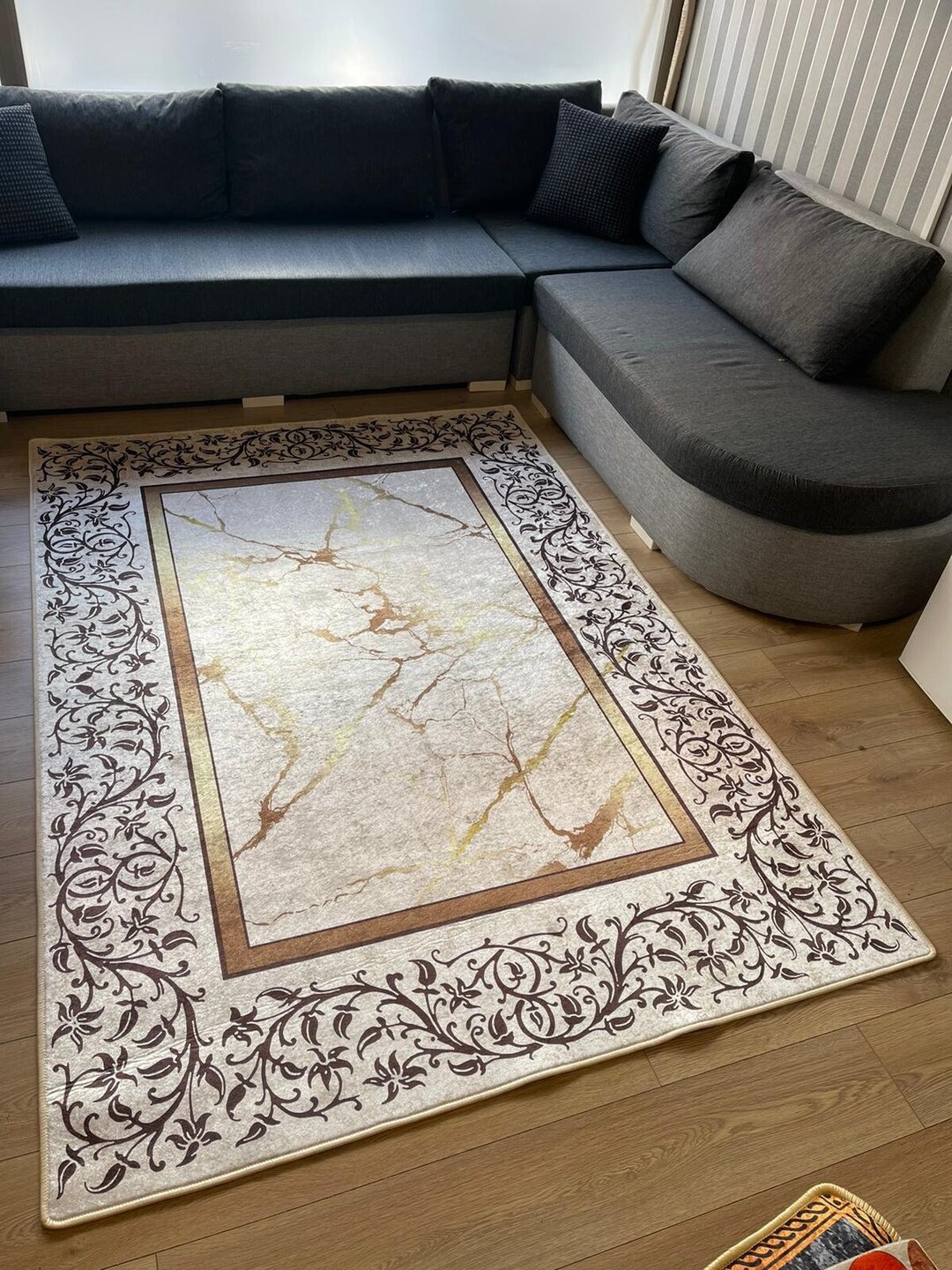 Golden Pattern Beige Rug, Brown Striped Beige Rug, for Living Room and ...