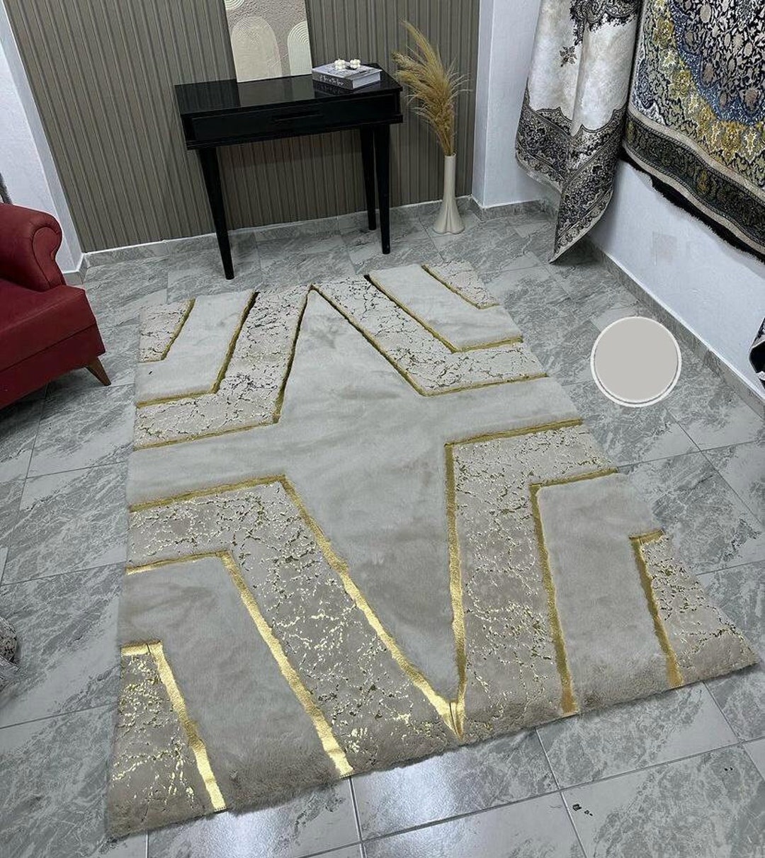 Beige Fur Carpet, Beige With Gold Fur Rug, Shaggy and Leather Carpet ...