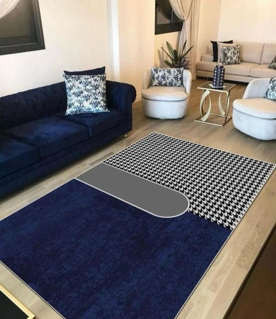 Dark Blue Abstract Rug, Navy With Black Rug, Rugs for Living Room and ...