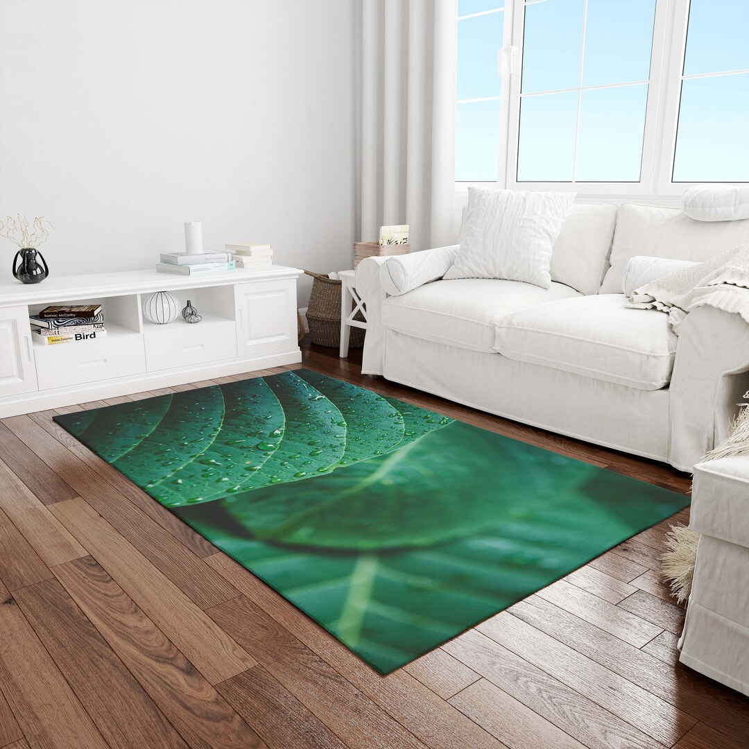 Emerald Green Rug, Leaf Print Rug, Designer Rug, Washable Area Rugs ...
