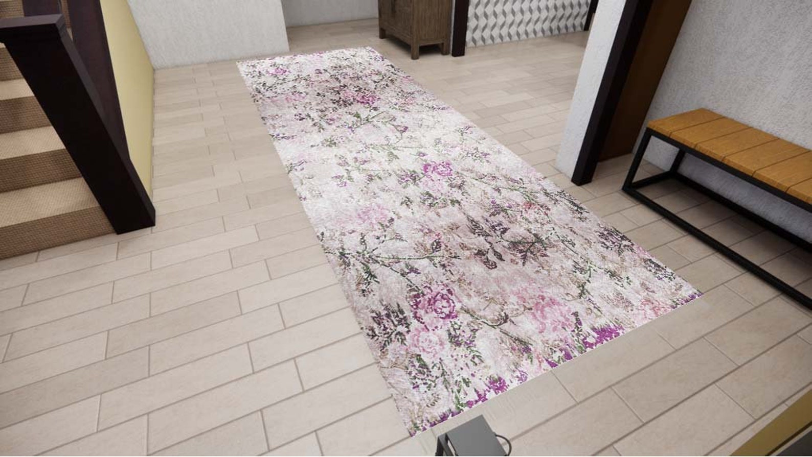 Purple Flowers Runner Rug, Beige Rug, Washable Rug, Corridor Rug ...