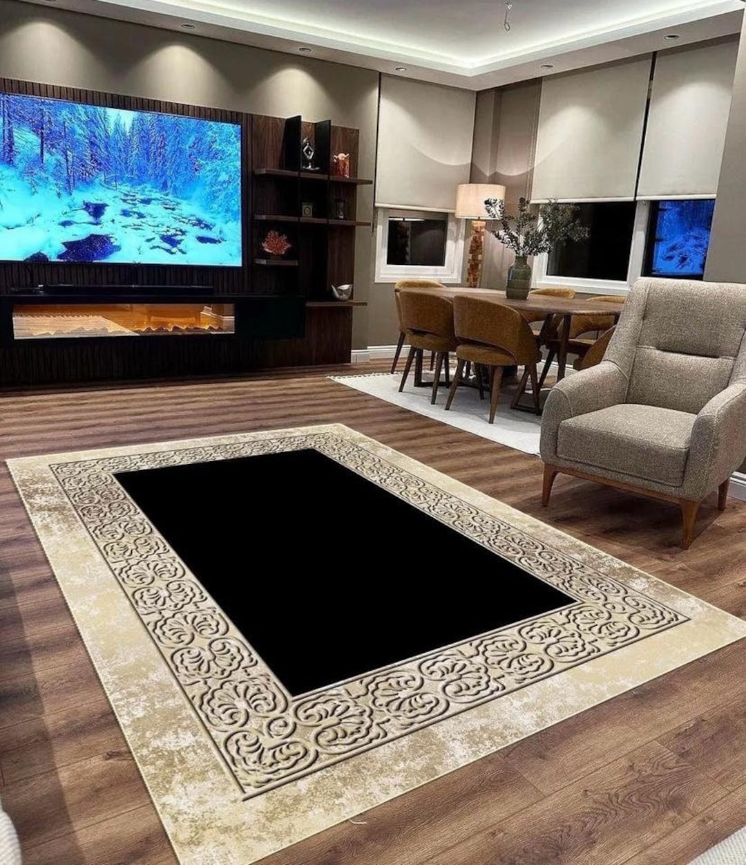 Golden Striped Black Rug, Black Gold Rug, Washable Area Rugs, Rugs for ...