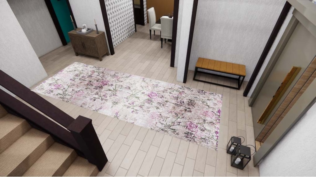 Purple Flowers Runner Rug, Beige Rug, Washable Rug, Corridor Rug ...