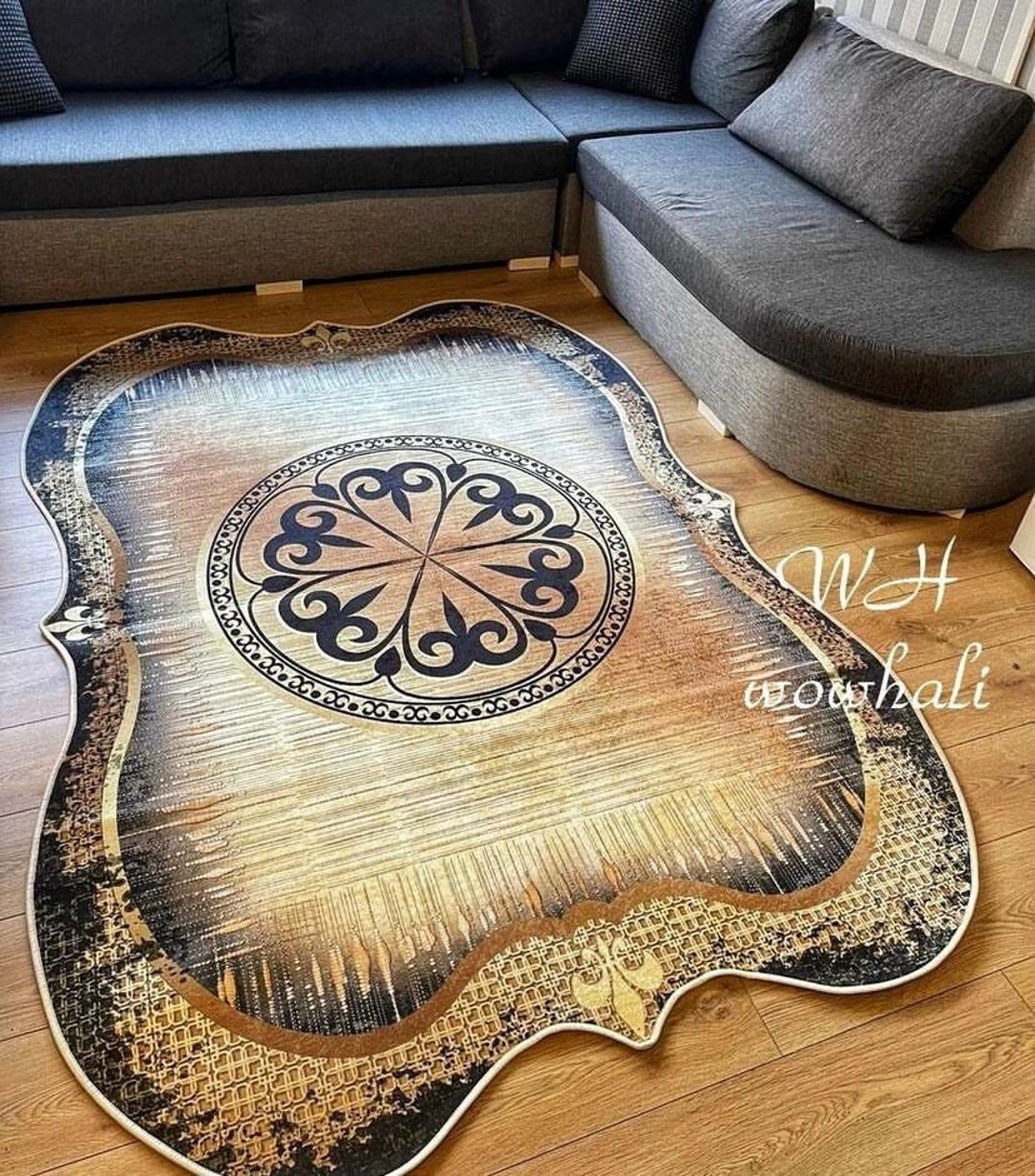 Gold Pattern Asymmetric Cut Rug, Black Silver Navy Beige Rug, Rugs for ...