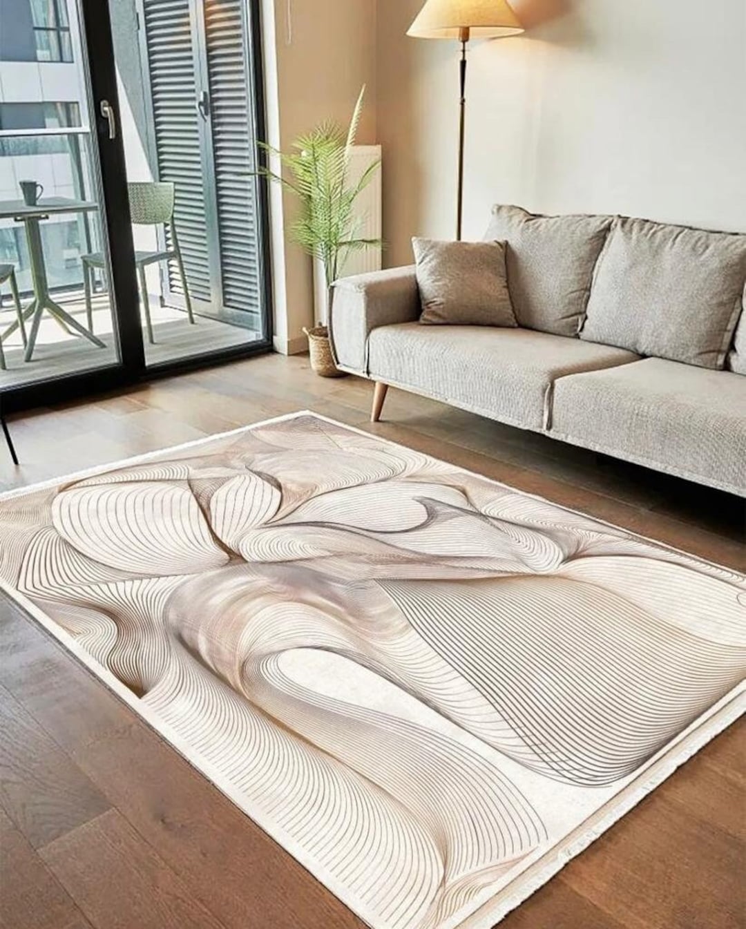 Beige Abstract Rug, Brown Striped Beige Rug, Washable Area Rugs, Rugs ...