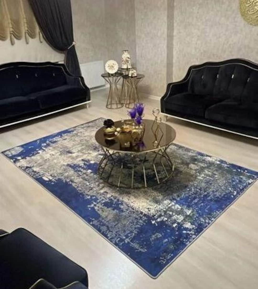 Dark Blue Abstract Rug, Navy With Gray Rug, Rugs for Living Room and ...