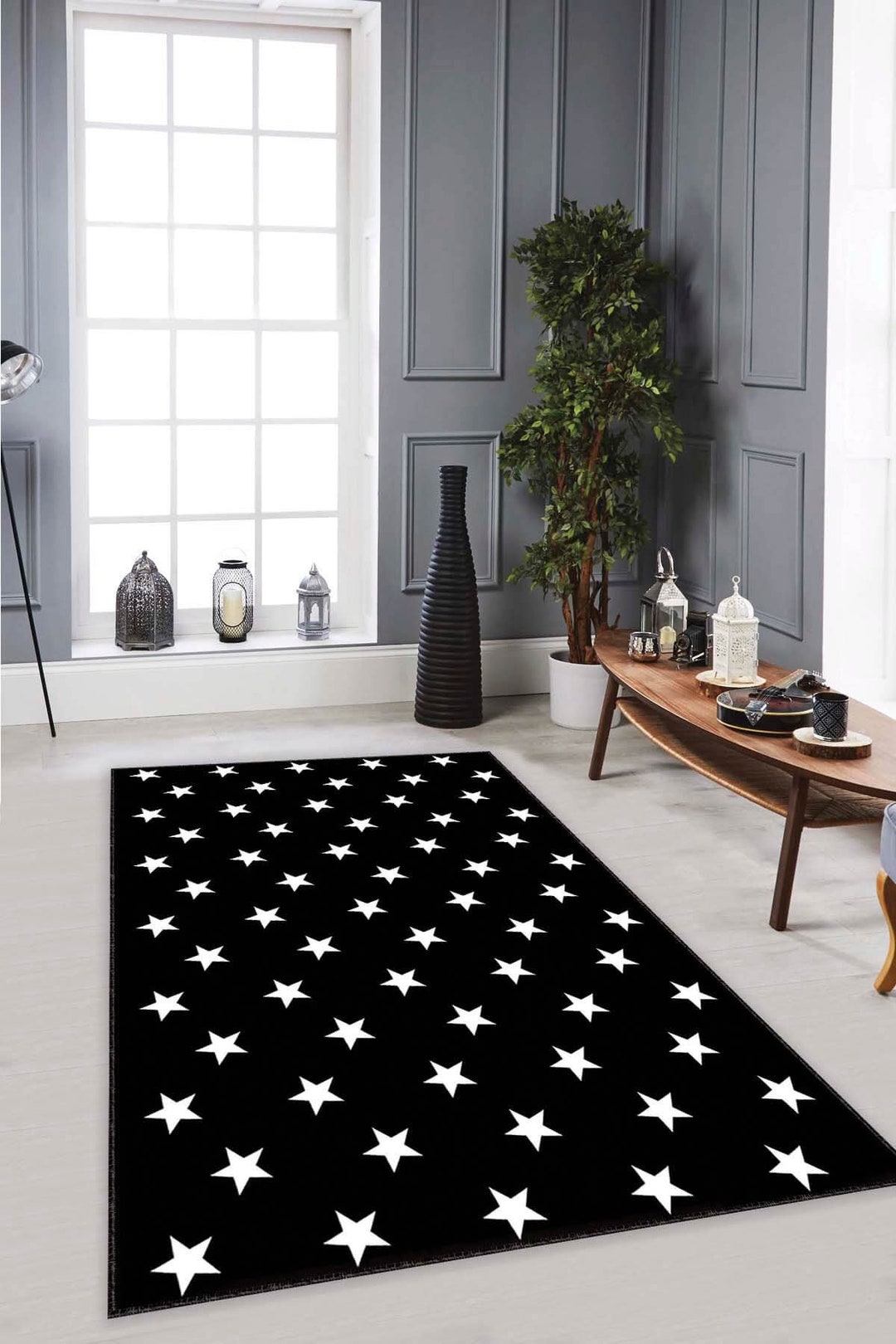 Star Pattern Black Rug, Chiristmas Rug, White Star Rug, Washable Rugs ...