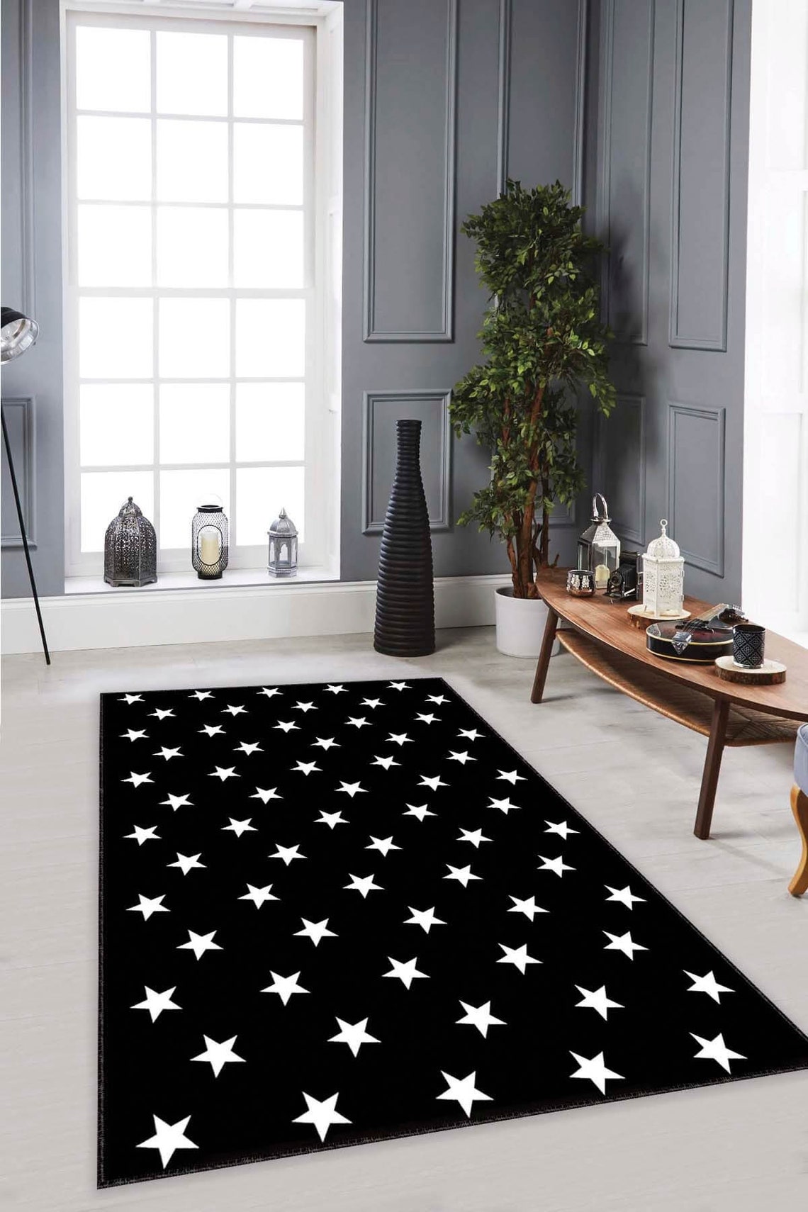 Star Pattern Black Rug, Chiristmas Rug, White Star Rug, Washable Rugs ...