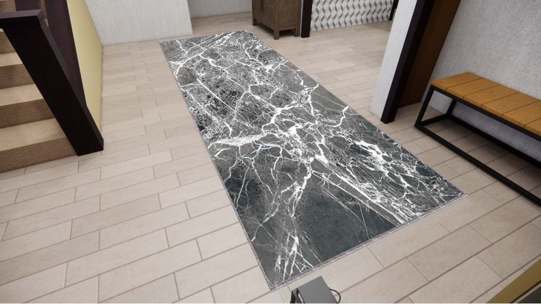 Gray Marble Pattern Rug, Washable Rug, Corridor Rug, Kitchen Rug ...
