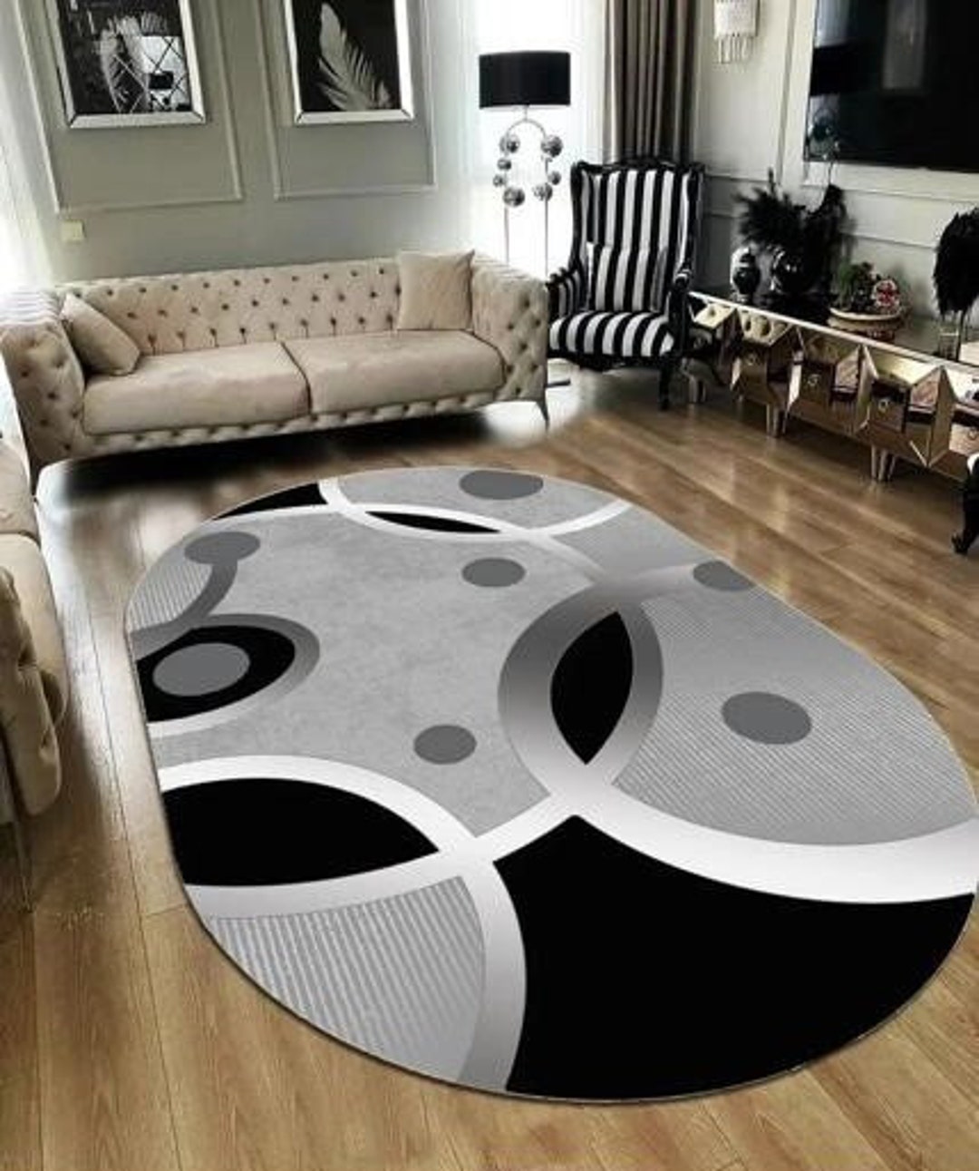 Silver Striped Black Rug, Silver Gray Rug, for Living Room and Bedroom ...