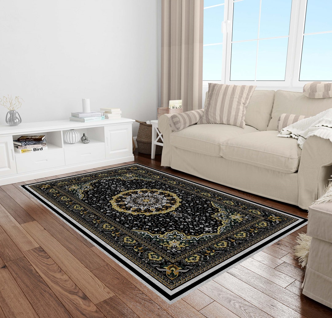 Blue Floral Pattern Rug, Black Rug, Washable Area Rugs, Rugs for Living ...